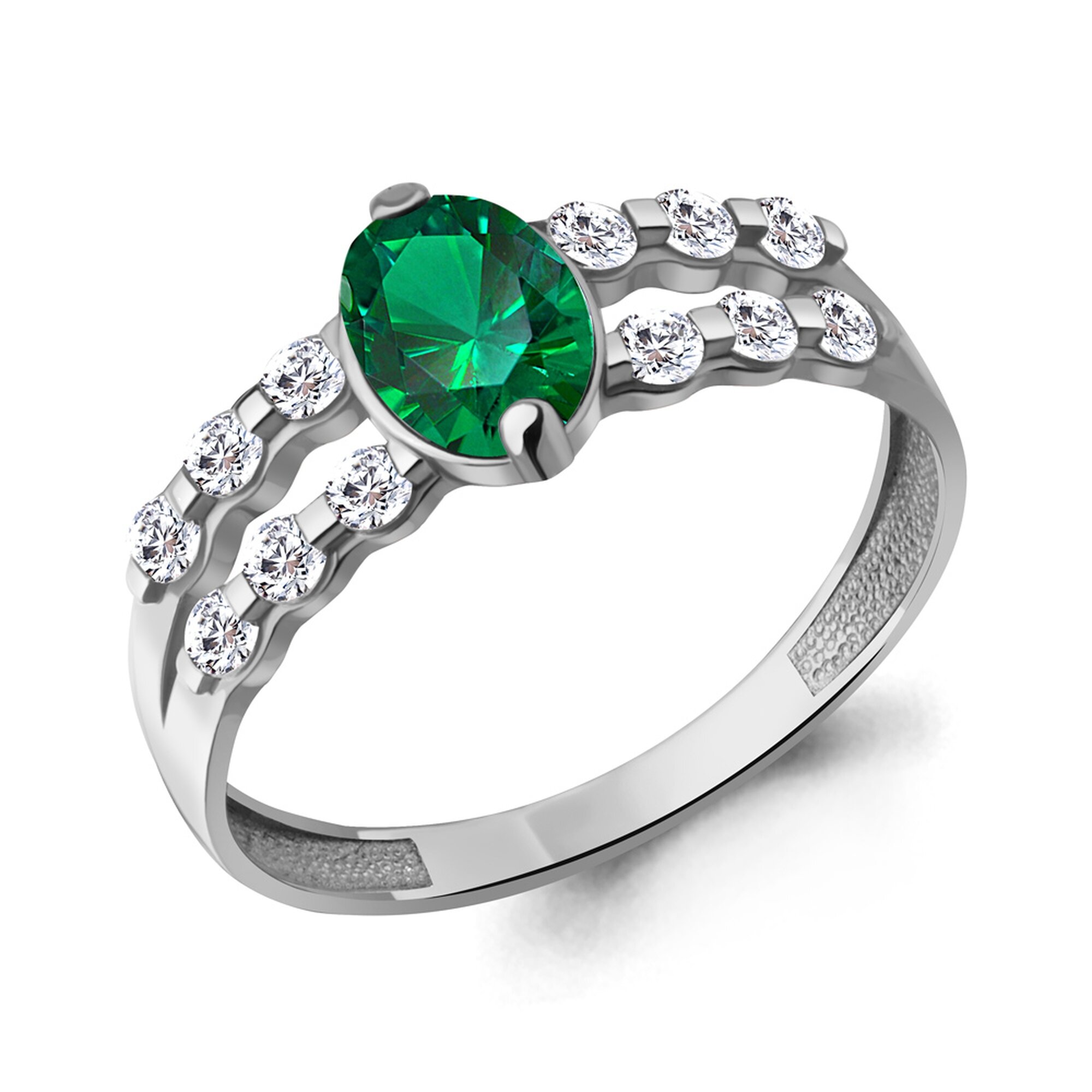 Кольцо, серебро, 925 проба, родирование, изумруд синтетический, фианит