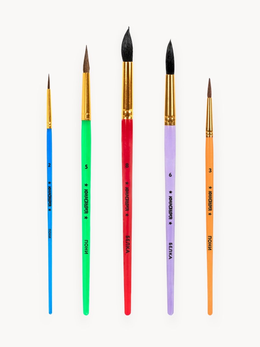 Кисти для рисования в школу набор 5 штук, кисточки круглые № 2 3 5 6 8, пони, белка, Юнландия, 201070