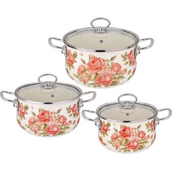 Набор кастрюль Agness эмалированных серия "корейская роза", 6пр. 2,0/2,8/3,6л,18х11/20х12/22х13см