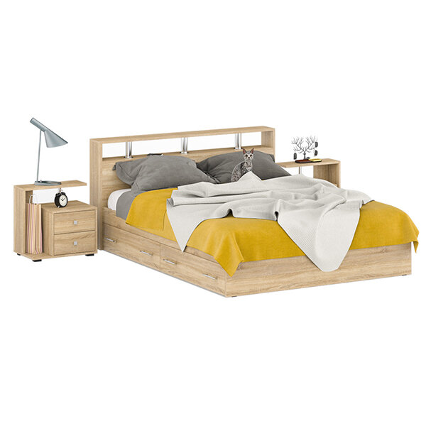 Кровать Камелия с ящиками 1600 + две тумбы, цвет дуб сонома