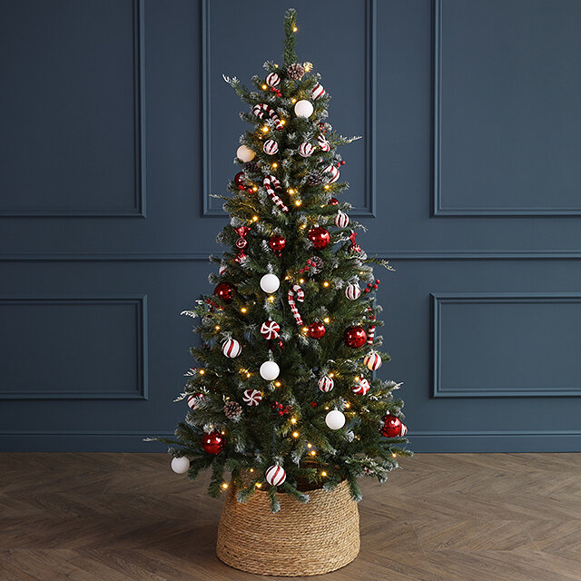 Искусственная елка с гирляндой, игрушками и корзиной Атланта 183 см, 120 теплых белых LED ламп, ПВХ, A Perfect Christmas, 31HATLG60L-1