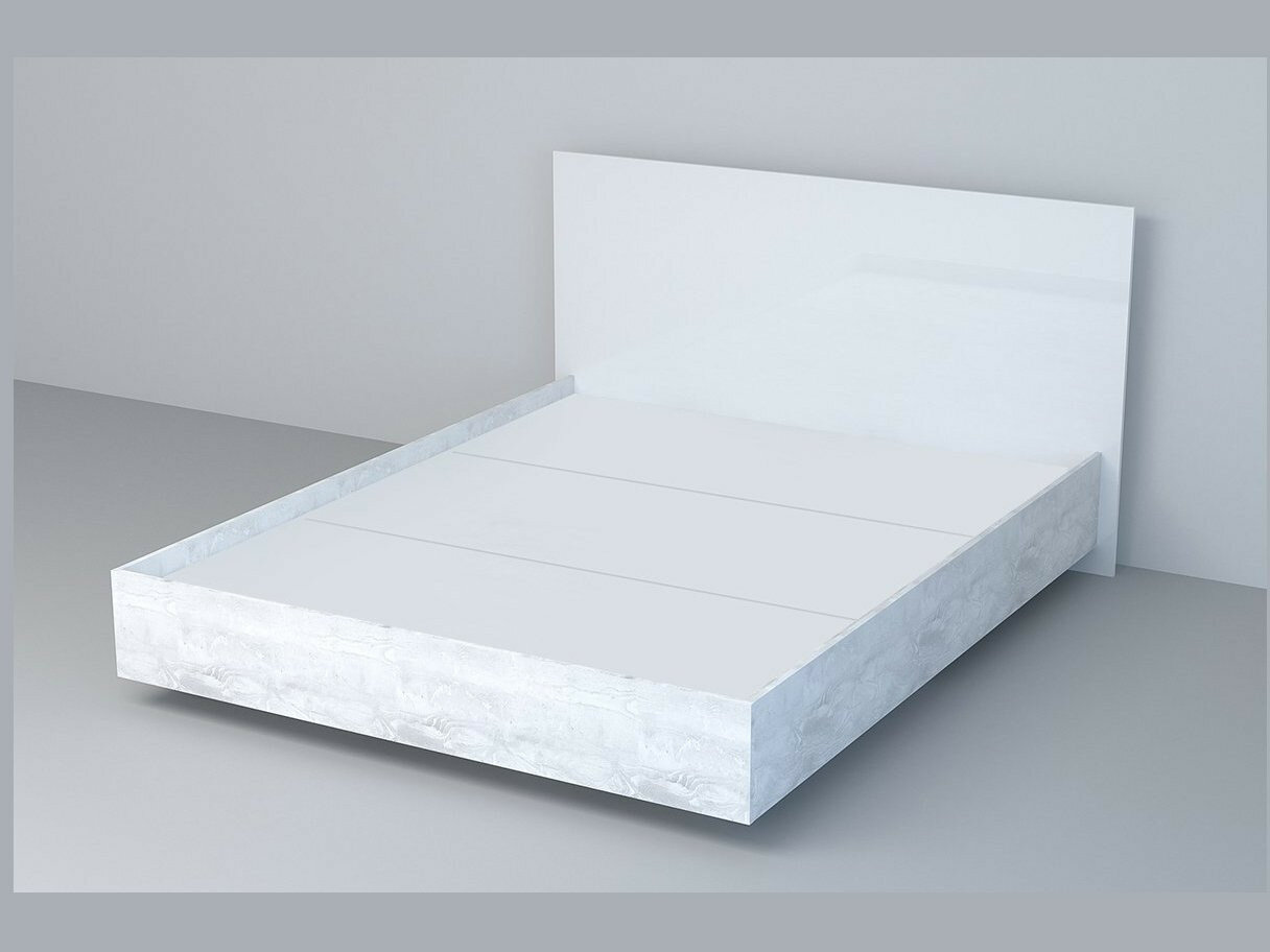 Кровать в современном стиле, 140х200, настил ЛДСП, бетон светлый/белый глянец