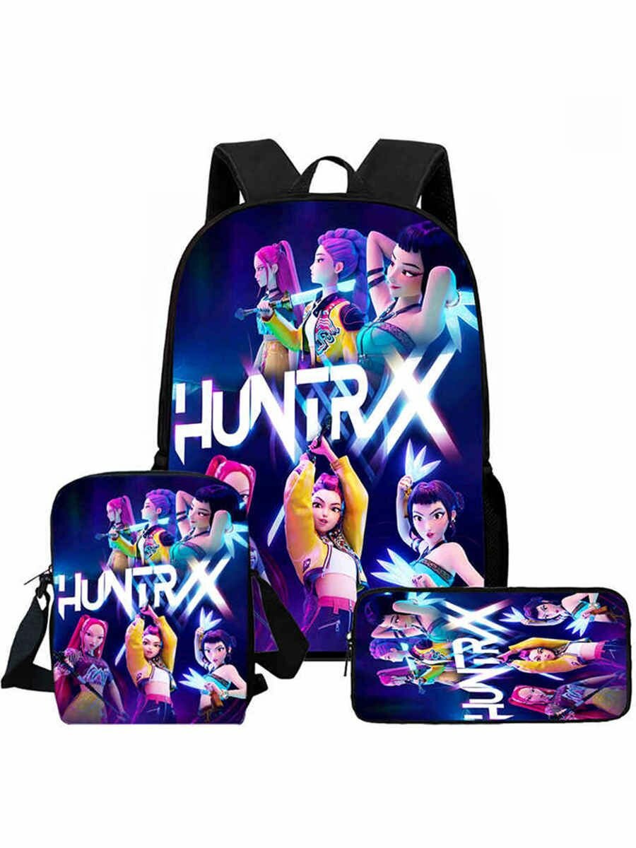 Детский набор из 3 предметов с принтом "K-POP Demon Hunter": рюкзак, сумка через плечо и пенал. Для школы, путешествий и кемпинга.