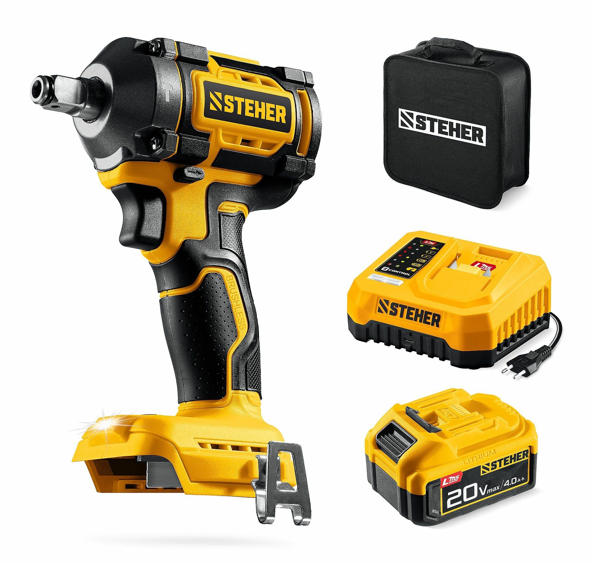 STEHER 20 В, 350 Н м, 1 АКБ LMS (4 А ч), бесщеточный ударный гайковерт, сумка (CWB-350-41)