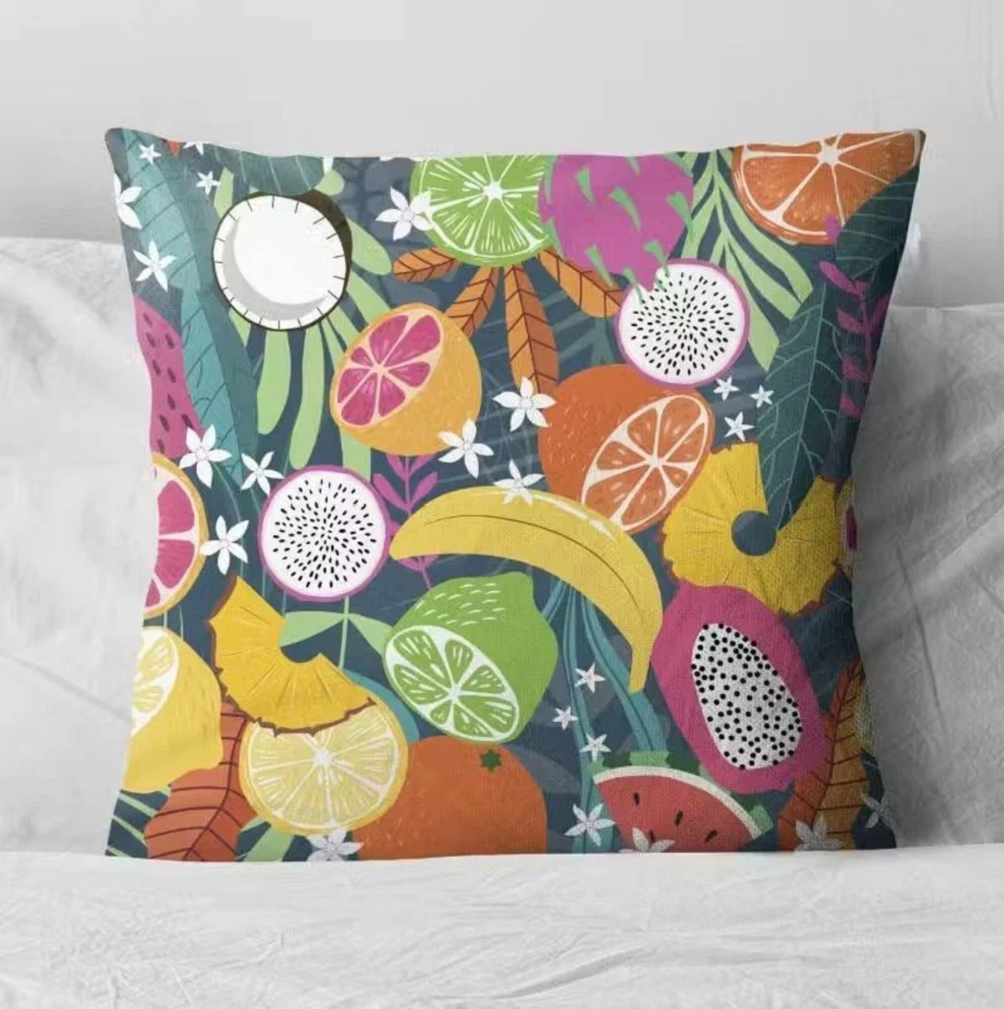 Чехол для подушки Тропические фрукты зеленый Лайм 40х40 велюр