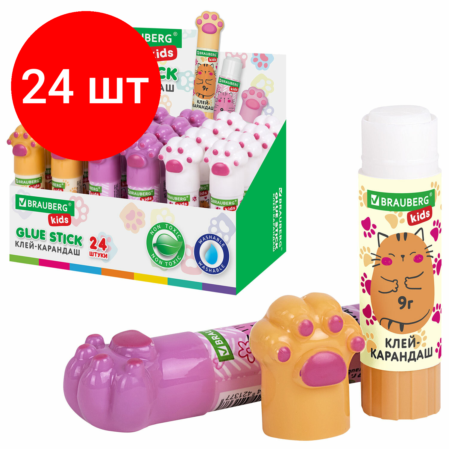 Комплект 24 шт, Клей-карандаш "Лапки" Cat Paw, 9 г, фигурный колпачок, BRAUBERG KIDS, 271981