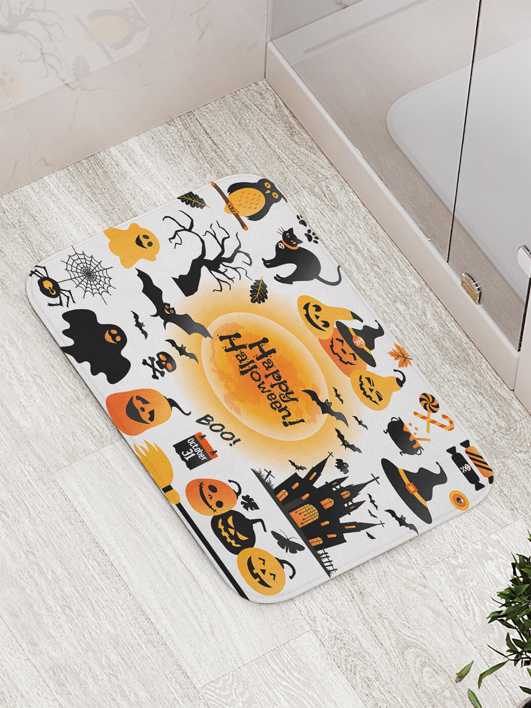 Коврик для ванной комнаты, туалета "Веселый Хэллоуин" противоскользящий, 52х77 см, JoyArty, серия Хэллоуин
