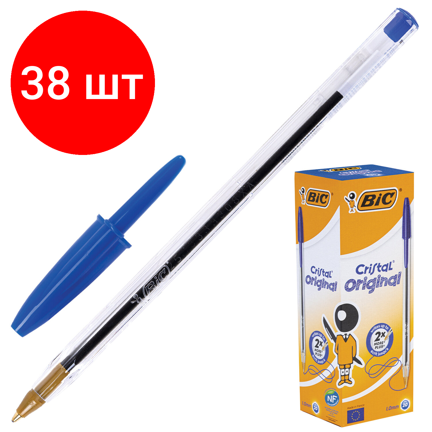 Комплект 38 шт, Ручка шариковая BIC "Cristal", синяя, корпус прозрачный, узел 1 мм, линия письма 0.32 мм, 847898