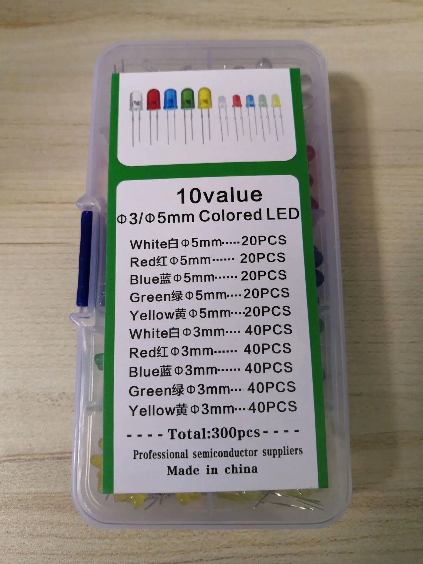 Комплект светодиодов 5 цветов 3 мм + 5 мм, синий, зеленый, белый, красный, желтый F3 и F5 мм, разные цвета, набор в ассортименте, светоизлучающий диод, 300 шт.