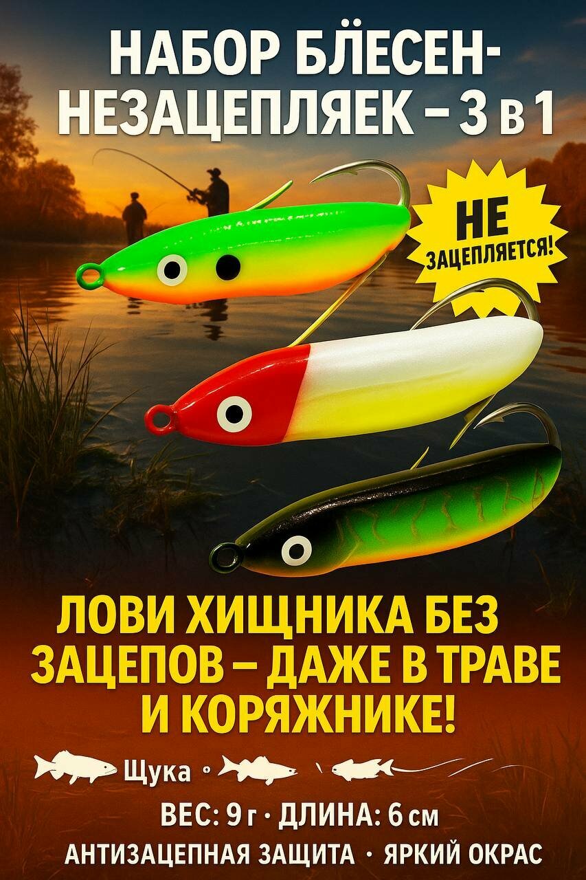 Блесна незацепляйка на щуку набор 3 шт; Незацепляйки на окуня 9 грамм