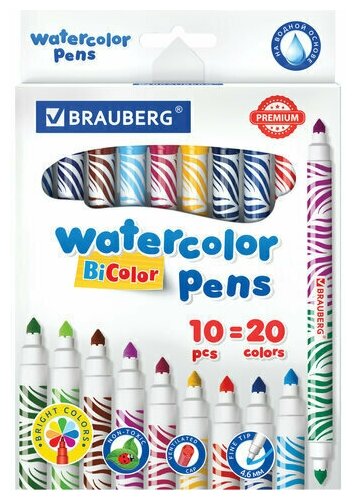 3 шт. Фломастеры двусторонние утолщенные BRAUBERG "PREMIUM" "BI-COLOR", 10 шт, 20 цветов, двухцветные, вентилируемый колпачок, 151945