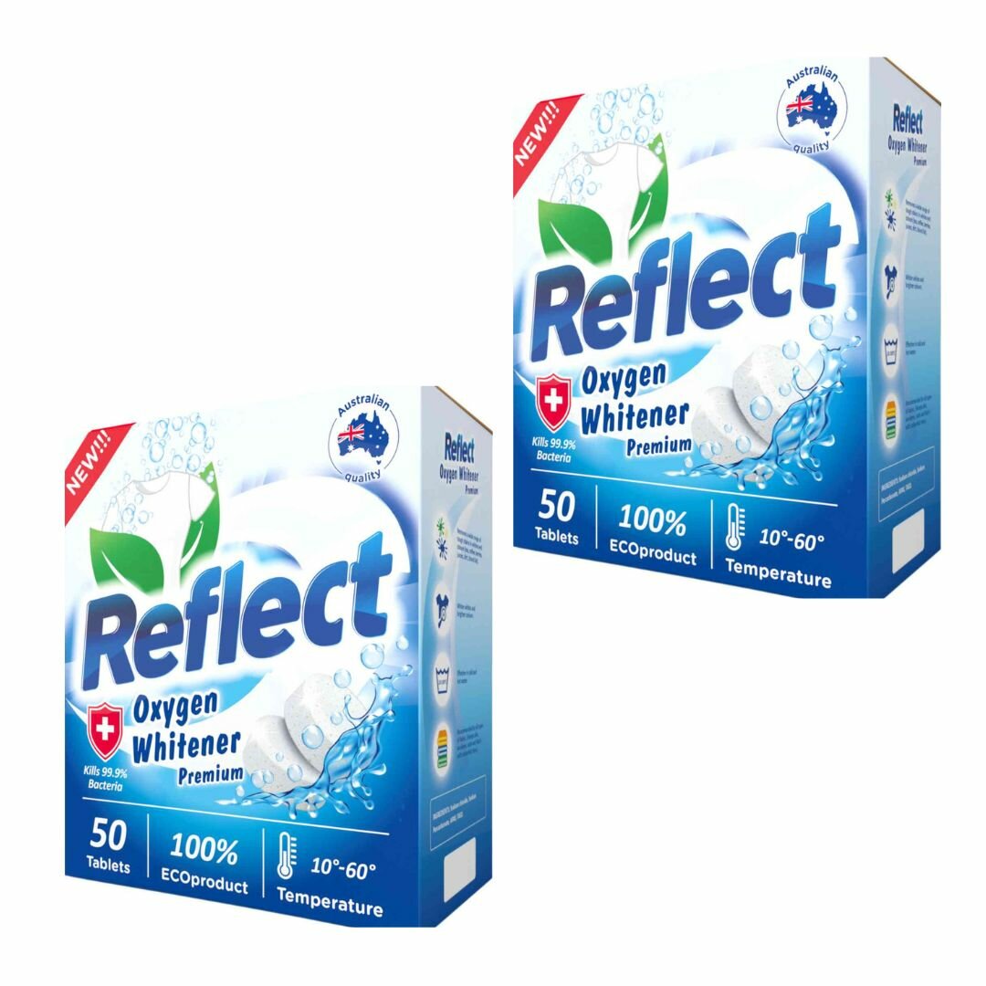 Экологичный кислородный отбеливатель REFLECT Oxygen Whitener Premiun для стирки светлого и белого белья, без хлора, 50 таблеток 2 шт