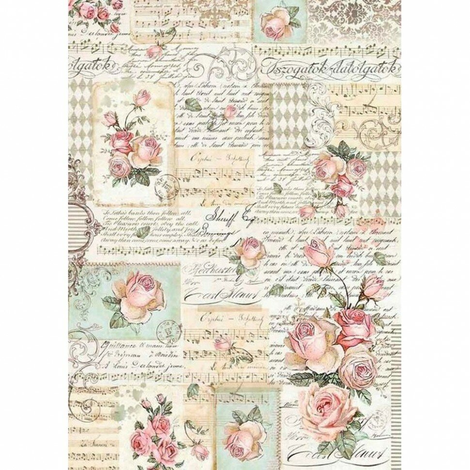 #DFSA3008 Бумага рисовая "Розы и манускрипты" 29.7 х 42.0 см Stamperia 1 лист