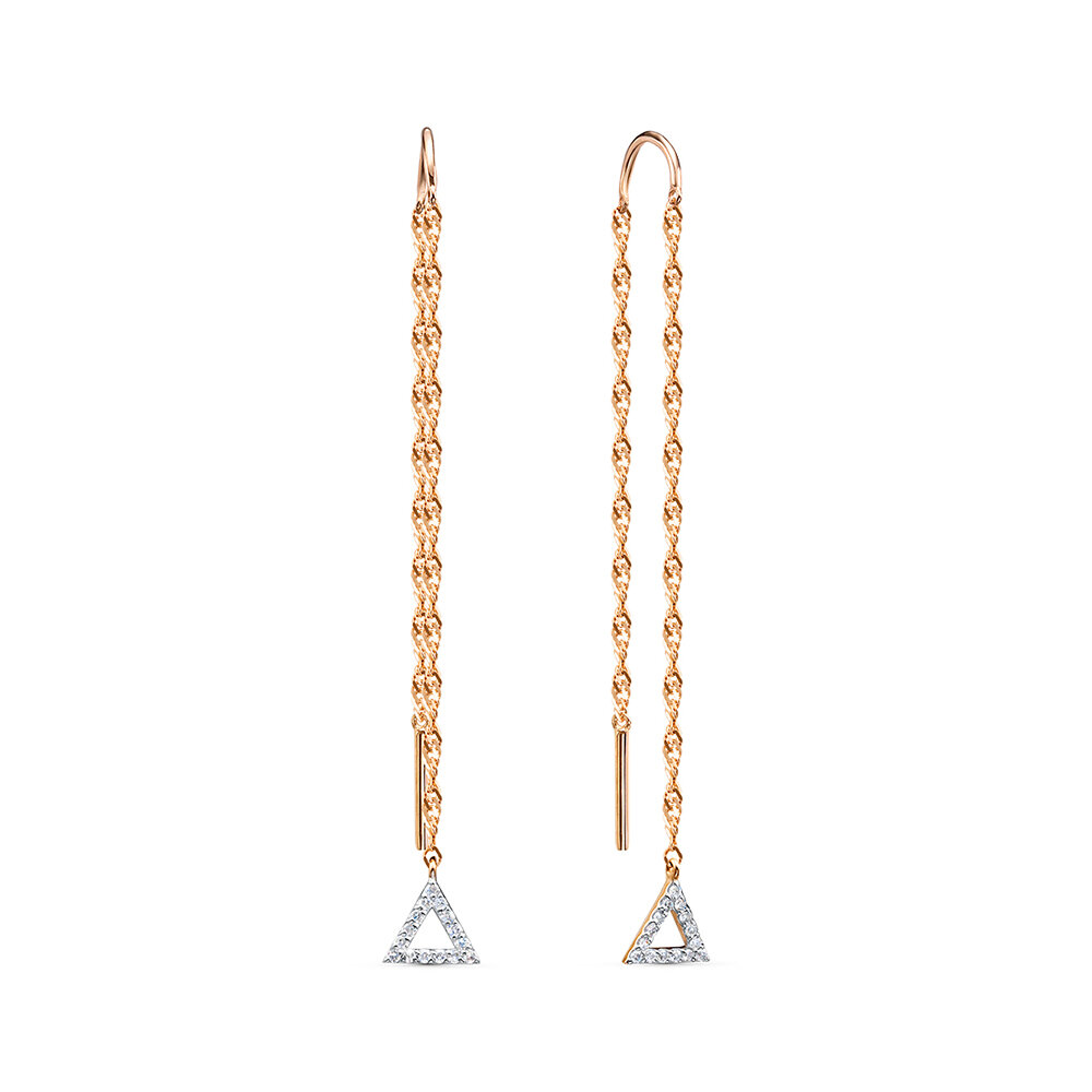 Серьги цепочки, красное золото, 585 проба, бриллиант