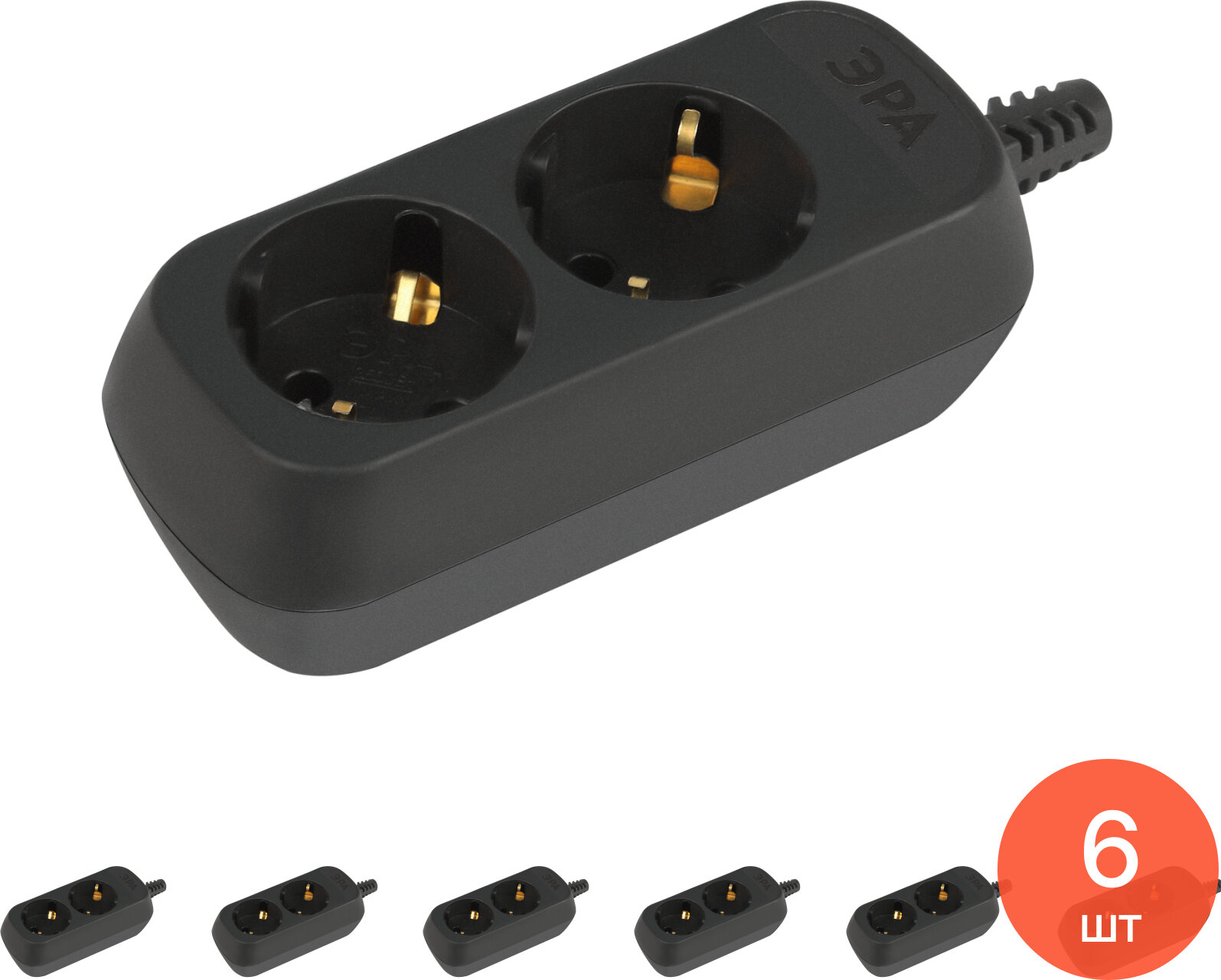 Блок розеток ЭРА KX-2e-B, 2 гнезда 16А 3500Вт IP20 с заземляющими контактами, черный Б0061711 / колодка электрическая для удлинителя (комплект из 6 шт)