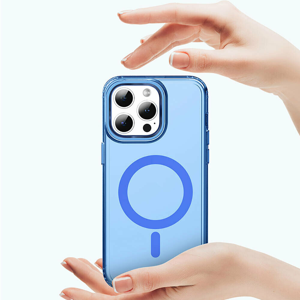 Чехол для iPhone 15 Pro (6.1"), Recci Crystal Color Series with MagSafe, Синий + Прозрачный