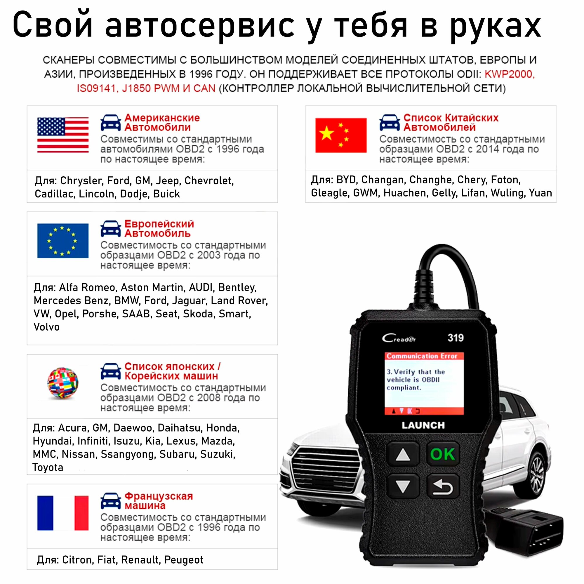 Автосканер Launch CR319 OBD2, для легковых автомобилей — фото 1