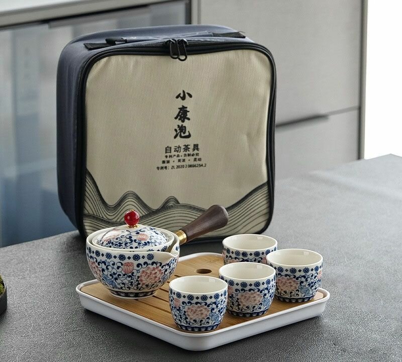 Портативный чайный набор Lin, керамика, 4 персоны, светло-синий