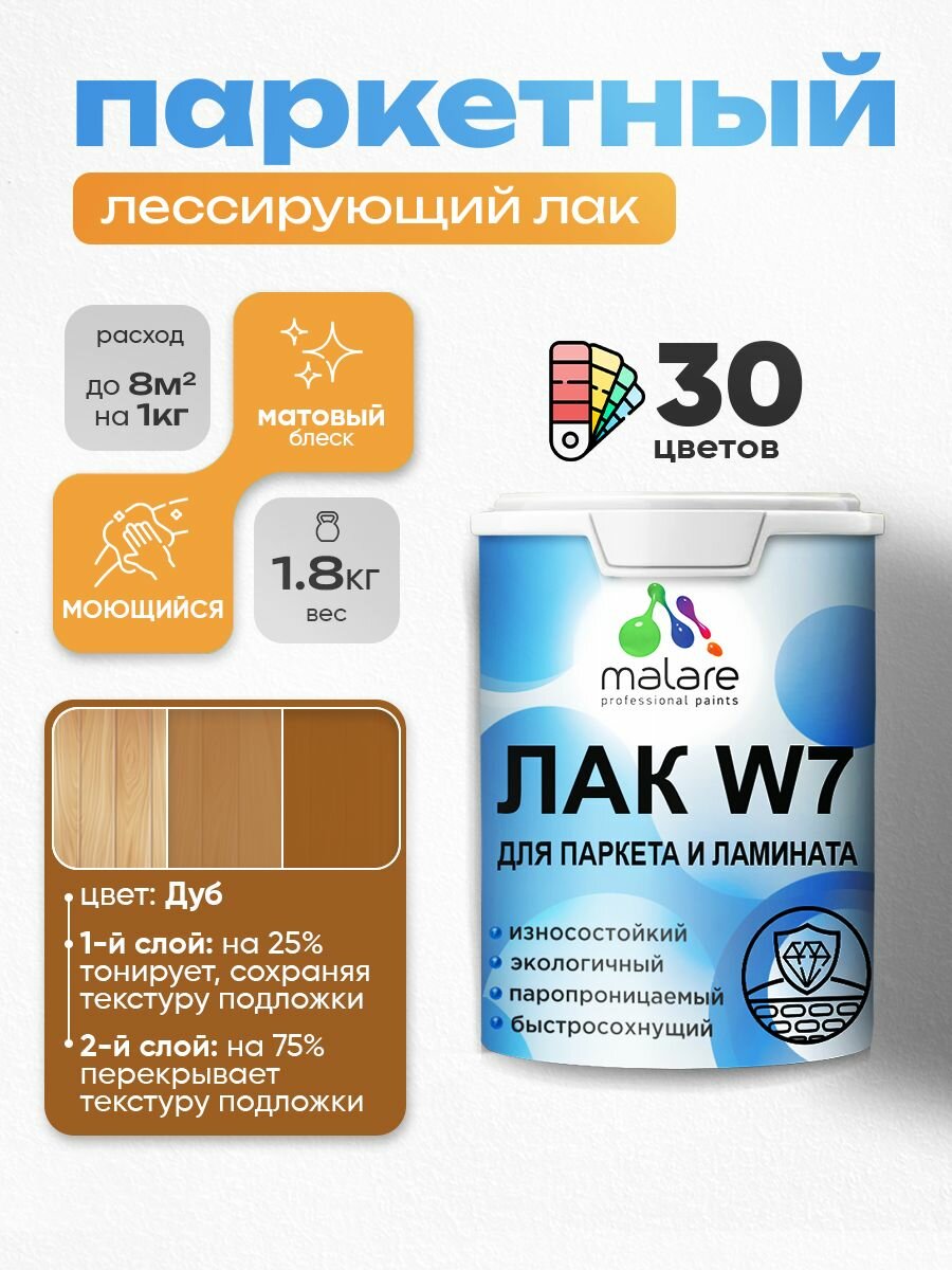 Лак колерованный тонирующий для паркета и ламината Malare W7 для дерева и минеральных поверхностей, износостойкий, водный без запаха, матовый, дуб, 1.8 кг.