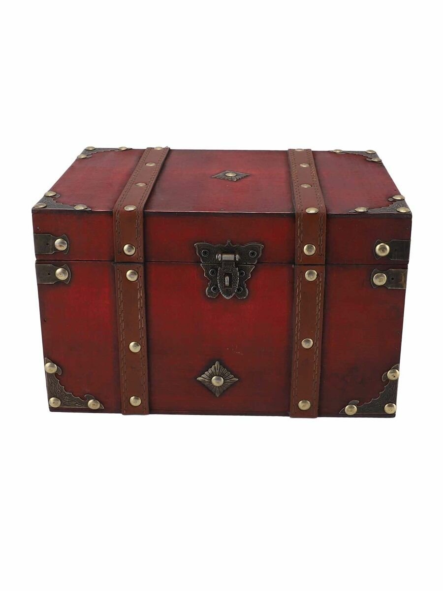 Антикварный деревянный ящик для хранения, большой декоративный сундук с сокровищами с замком, изысканный контейнер для хранения ювелирных изделий, красный кодовый замок