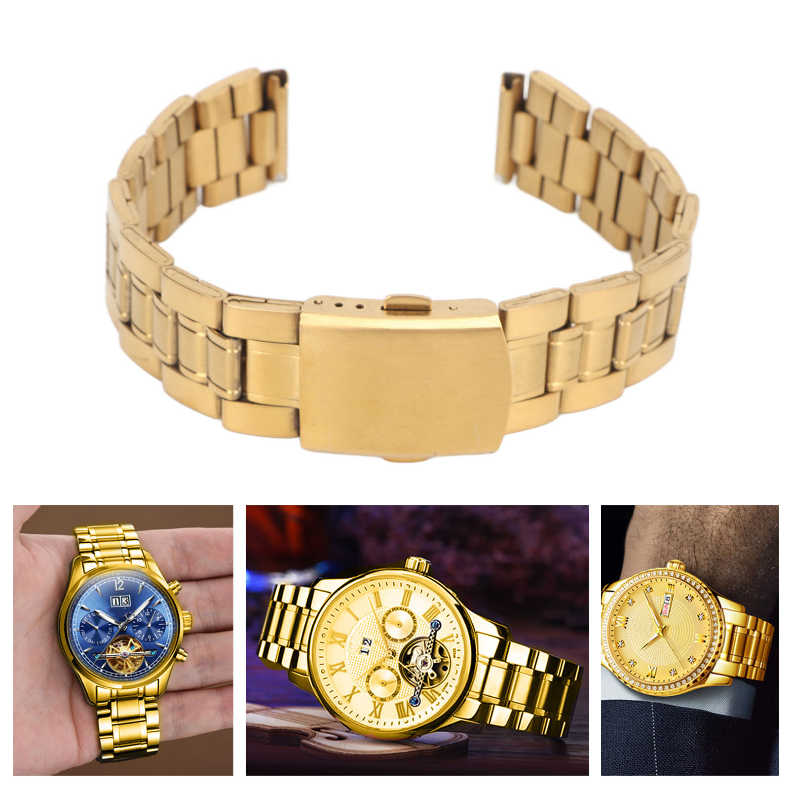 Ремешок для часов из нержавеющей стали, быстросъемная пряжка с двойным замком, сменный металлический ремешок для часов для мужчин и женщин, золотой 18 мм/0,71 дюйма