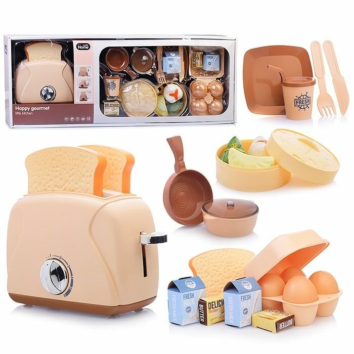 Тостер детский Oubaoloon 17х8х12 см, на таймере, с посудой и продуктами, в коробке (A1002-5)
