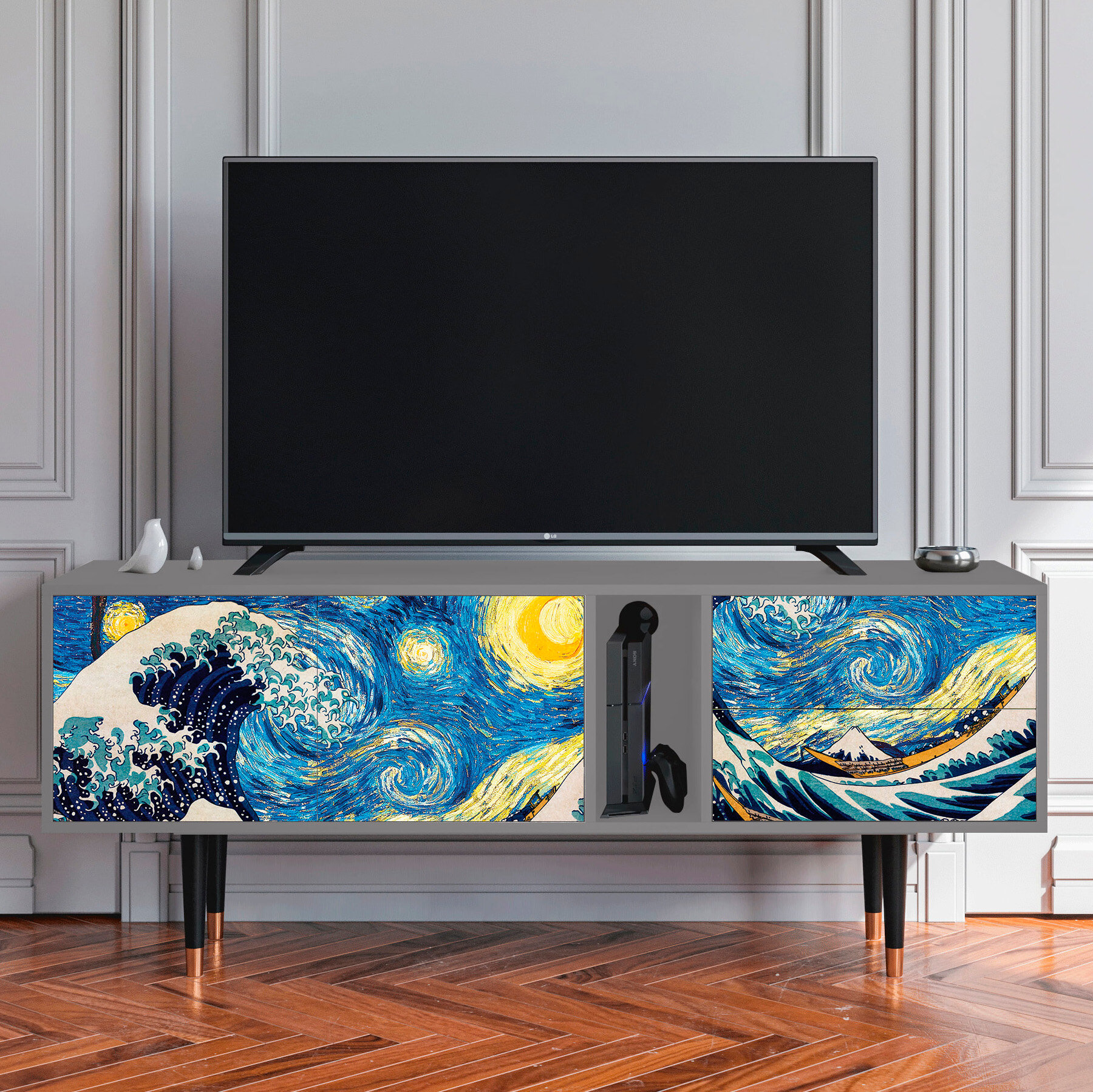ТВ-Тумба - STORYZ - T1 The Great Wave off Kanagawa by Hokusai, Размер - 170 x 69 x 48 см, Цвет корпуса - , Серый