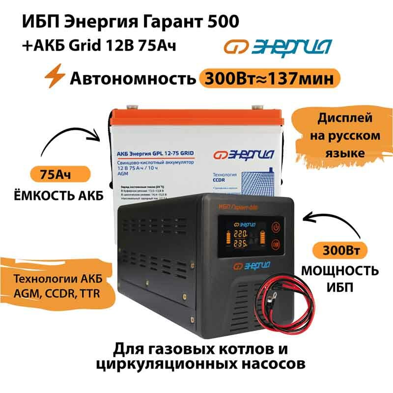 ИБП для котла Энергия Гарант 500 + Аккумулятор Grid 75 Ah 12 v (300Вт - 137мин) (бесперебойник питания)
