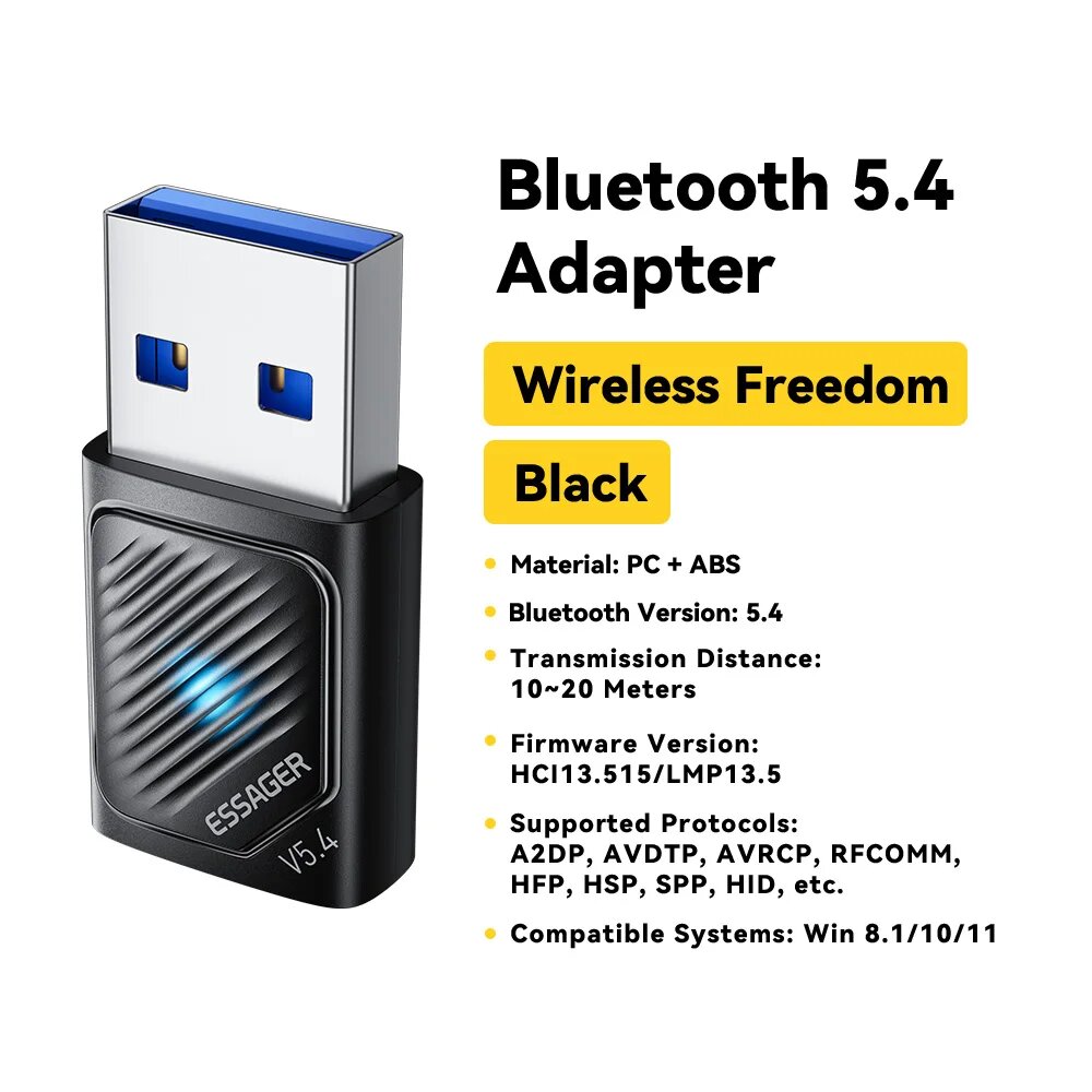 Essager USB Bluetooth 5,4 адаптер беспроводной передатчик приемник для ПК ноутбук драйвер бесплатно для Win10/11 Bluetooth клавиатура мышь Bluetooth 5.4