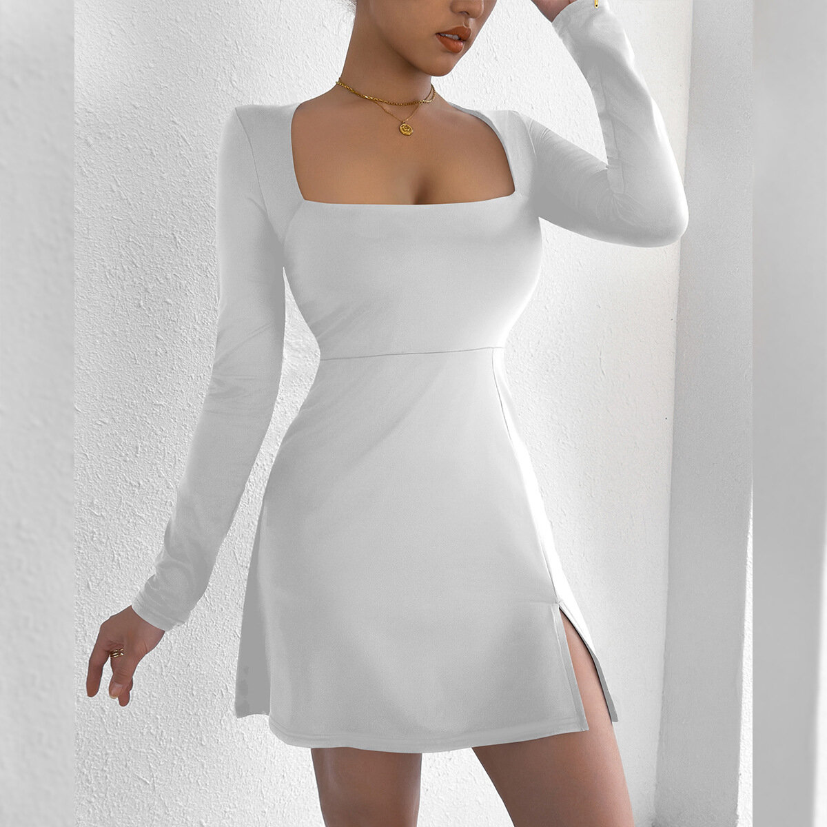 Платье женское, облегающее, с разрезом, XL, белое