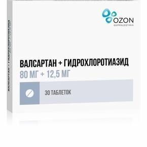 Валсартан + Гидрохлоротиазид, таблетки 80 мг + 12.5 мг, 30 шт.