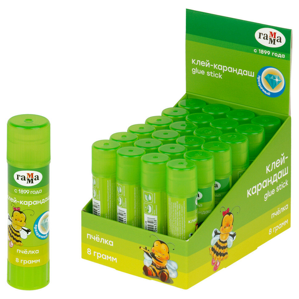 Клей-карандаш Гамма "Пчелка", 8г, прозрачный, ПВП, 24 штук, 356553