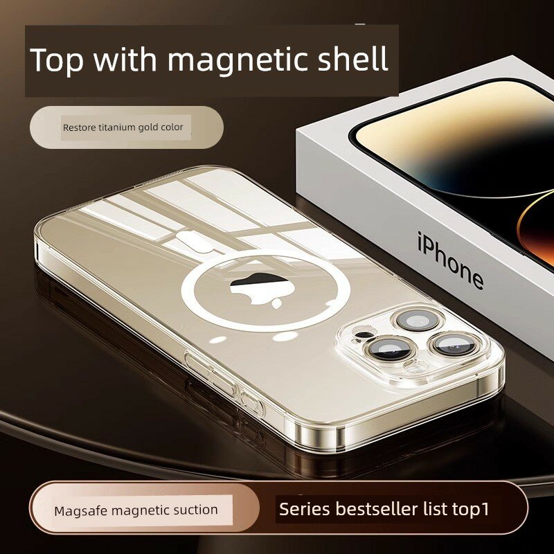 Чехол Magsafe кристально-золотого цвета для iPhone 16 Pro Max, прозрачная полная защита, ультратонкий ударопрочный