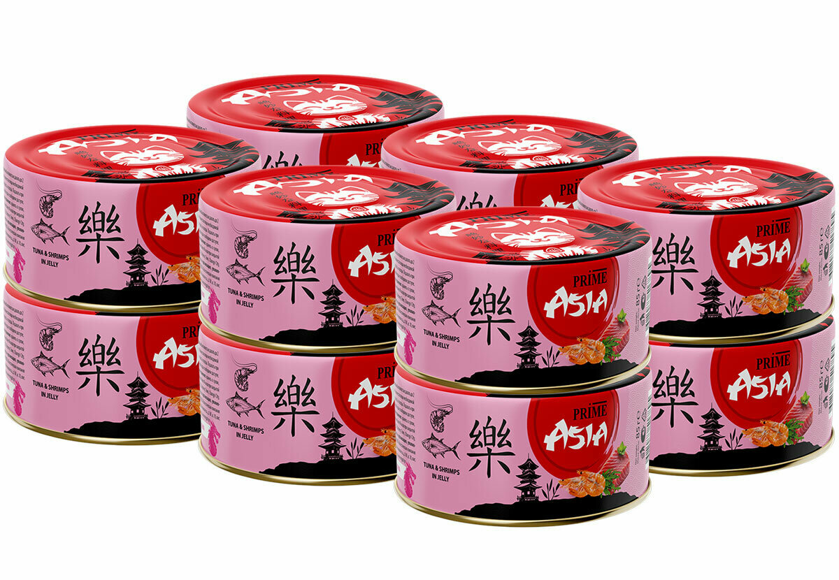 Корм влажный Prime Asia Tuna & Shrimps для кошек, тунец и креветки в желе, 85 г х 12 шт
