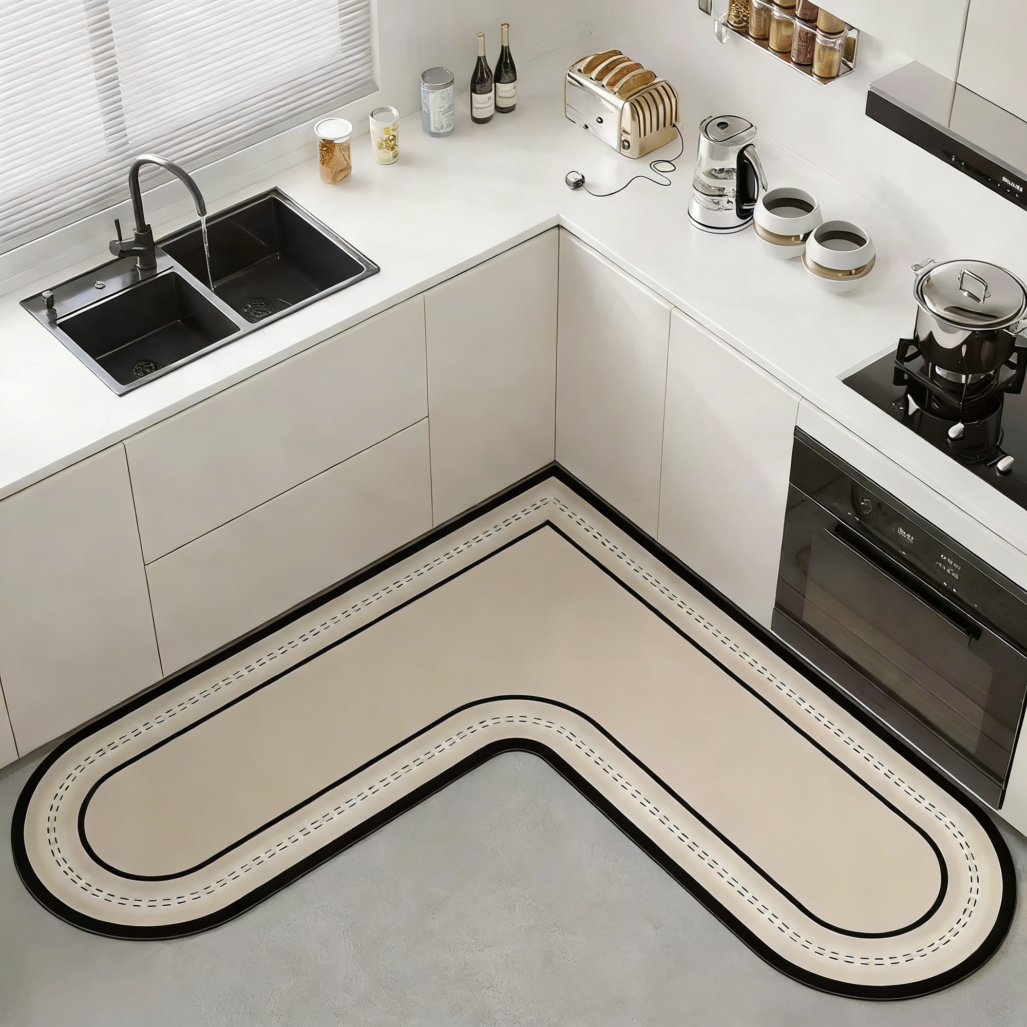 Стильная U-образная ковриковая дорожка для кухни с акцентными линиями ，Размер 90x90 см