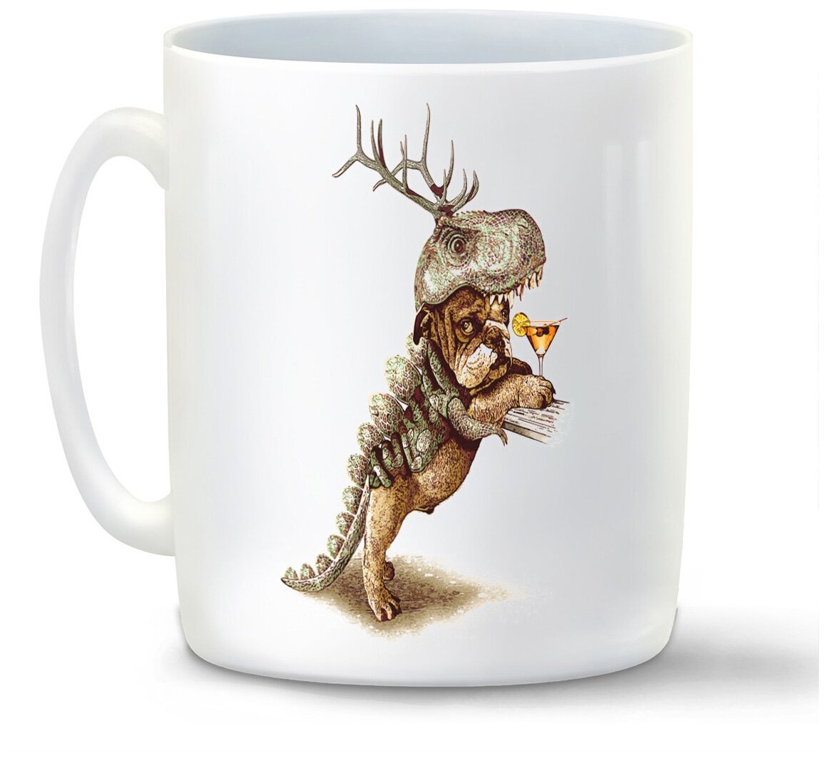 Кружка белая CoolPodarok Собака в костюме динозавра коктейль