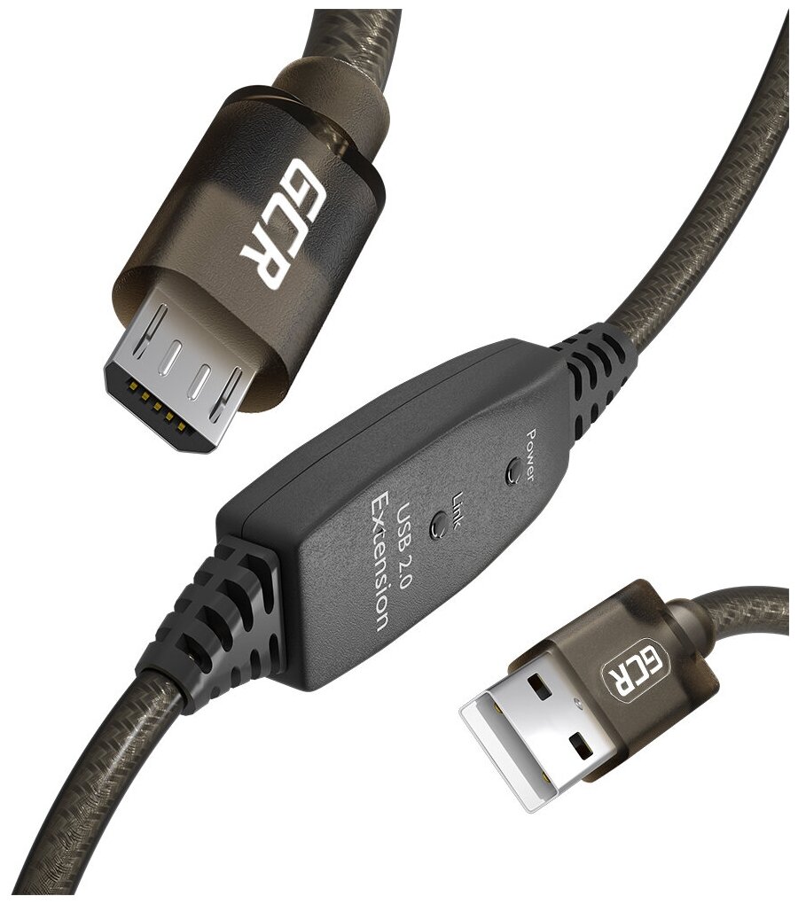 GCR Кабель активный 10.0m USB 2.0, AM/microB, черно-прозрачный, с усилителем сигнала, разъём для доп. питания, 28/24 AWG