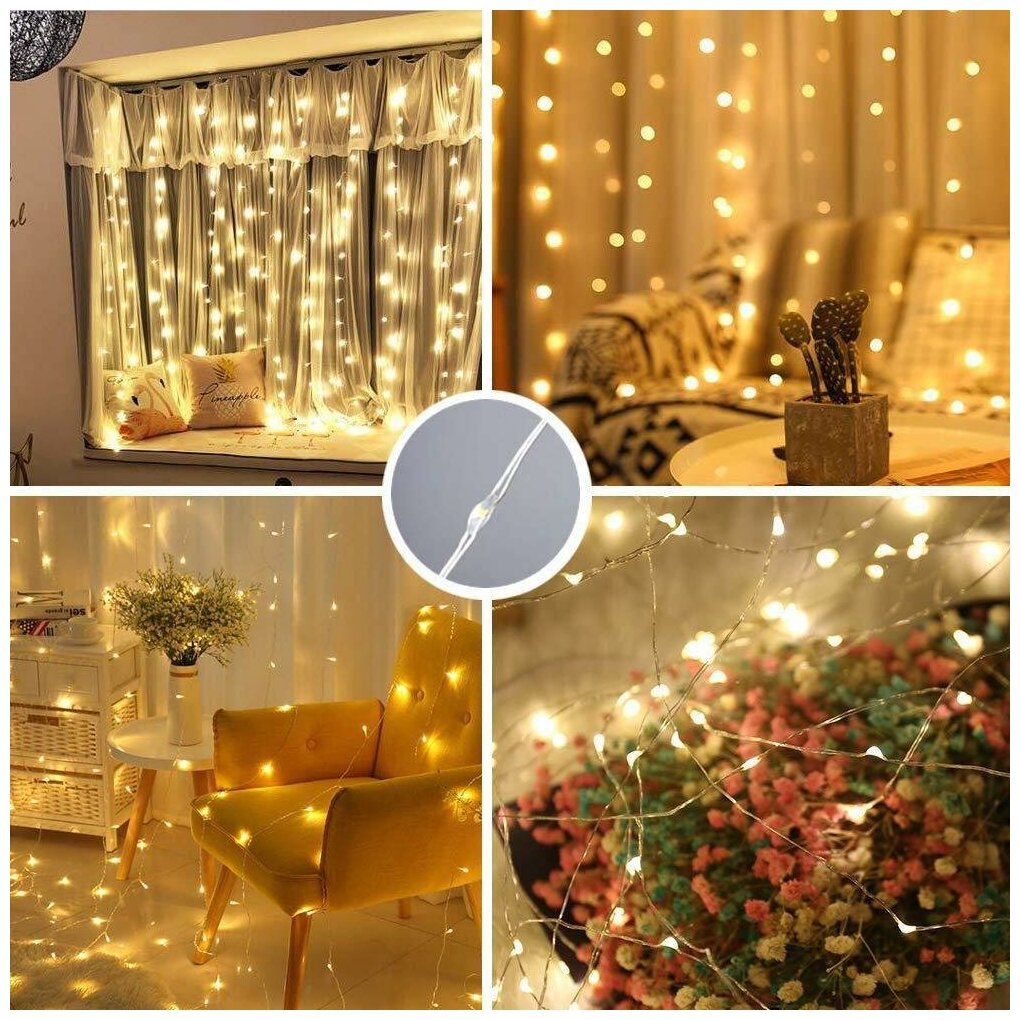 Гирлянда штора занавеска белая, c пультом ду, с функцией таймера, светомузыка, 12 режимов OG-LDG11 LED (3х1м,100 ламп, белая-теплая)