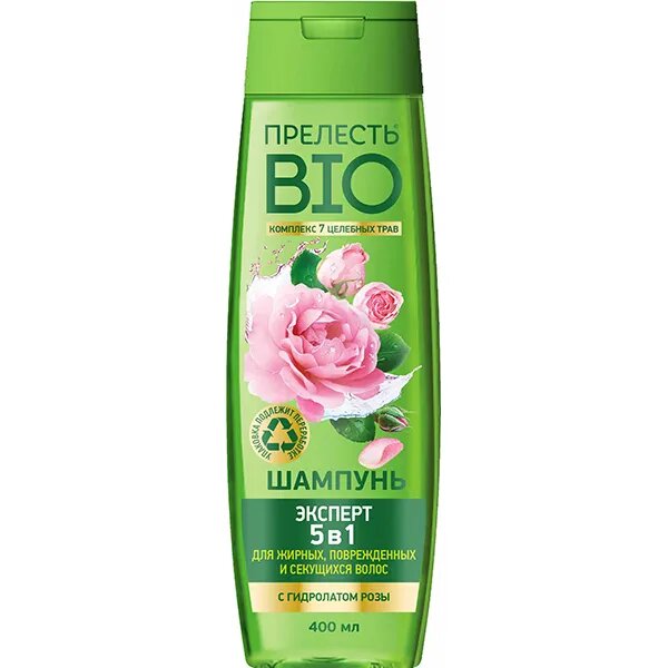 Шампунь Прелесть Био, 5в1 с гидролатом розы, для поврежденных и секущихся волос, 400 мл