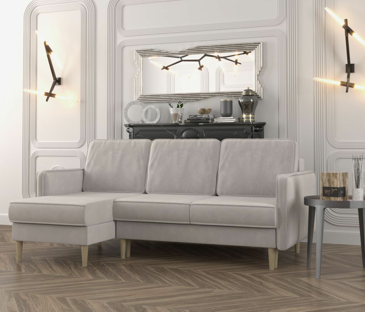 Диван угловой DiHall Монэ, еврокнижка, велюровая обивка, ортопедический, светло-серый