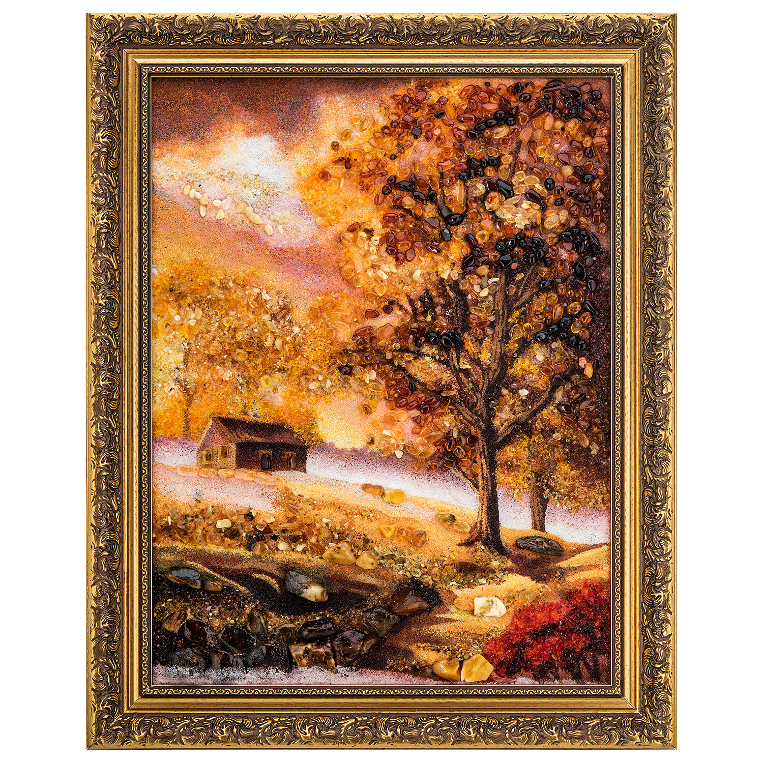 Картина янтарная "Домик у реки" 30х40 см