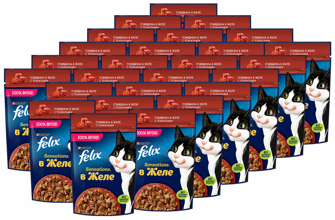 Корм влажный Felix Sensations для кошек, говядина в желе с томатами, 75 г х 26 шт