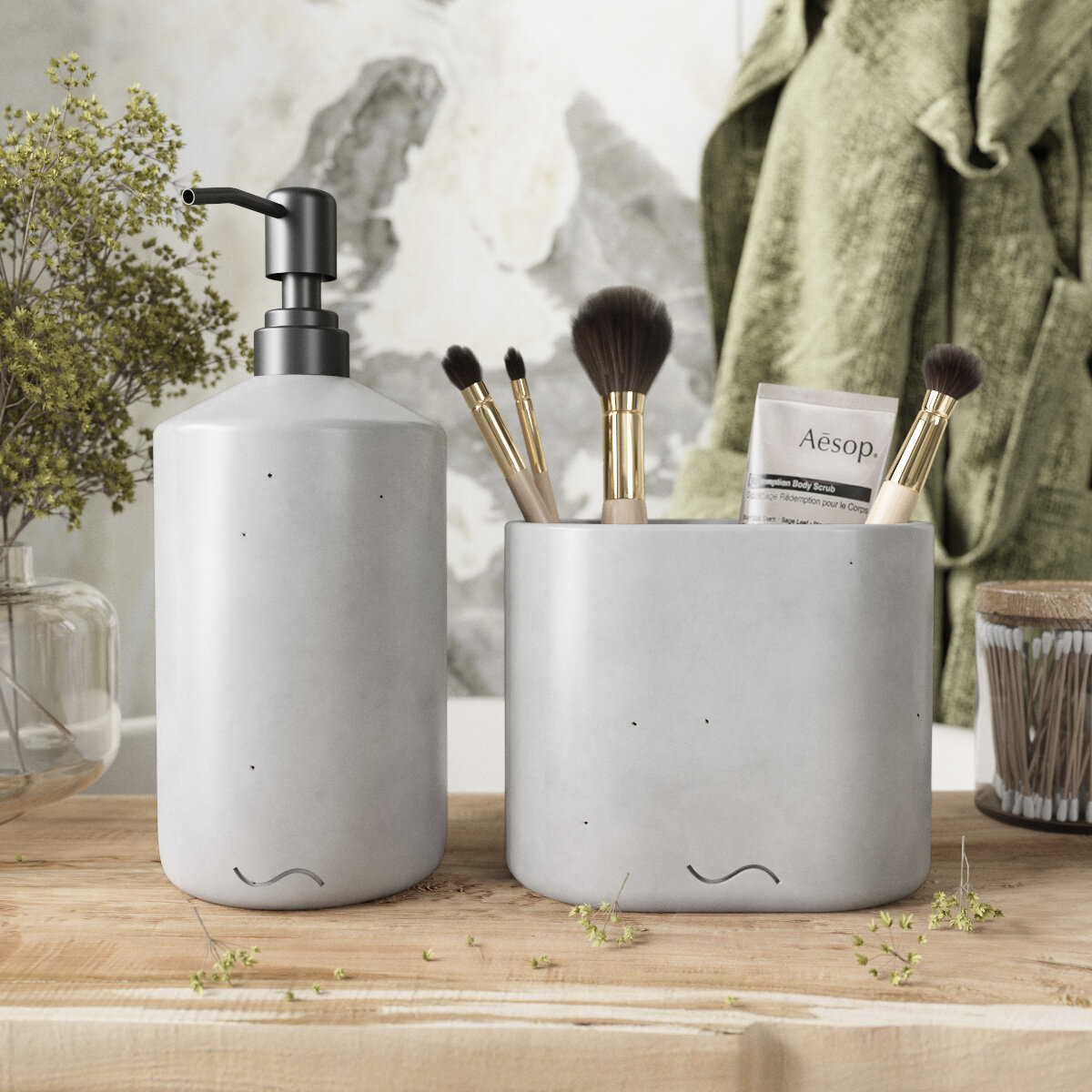 Набор для ванной Astrid 18 (дозатор для жидкого мыла 0,4 л, двойной стакан для зубных щёток) бетон, серый глянцевый