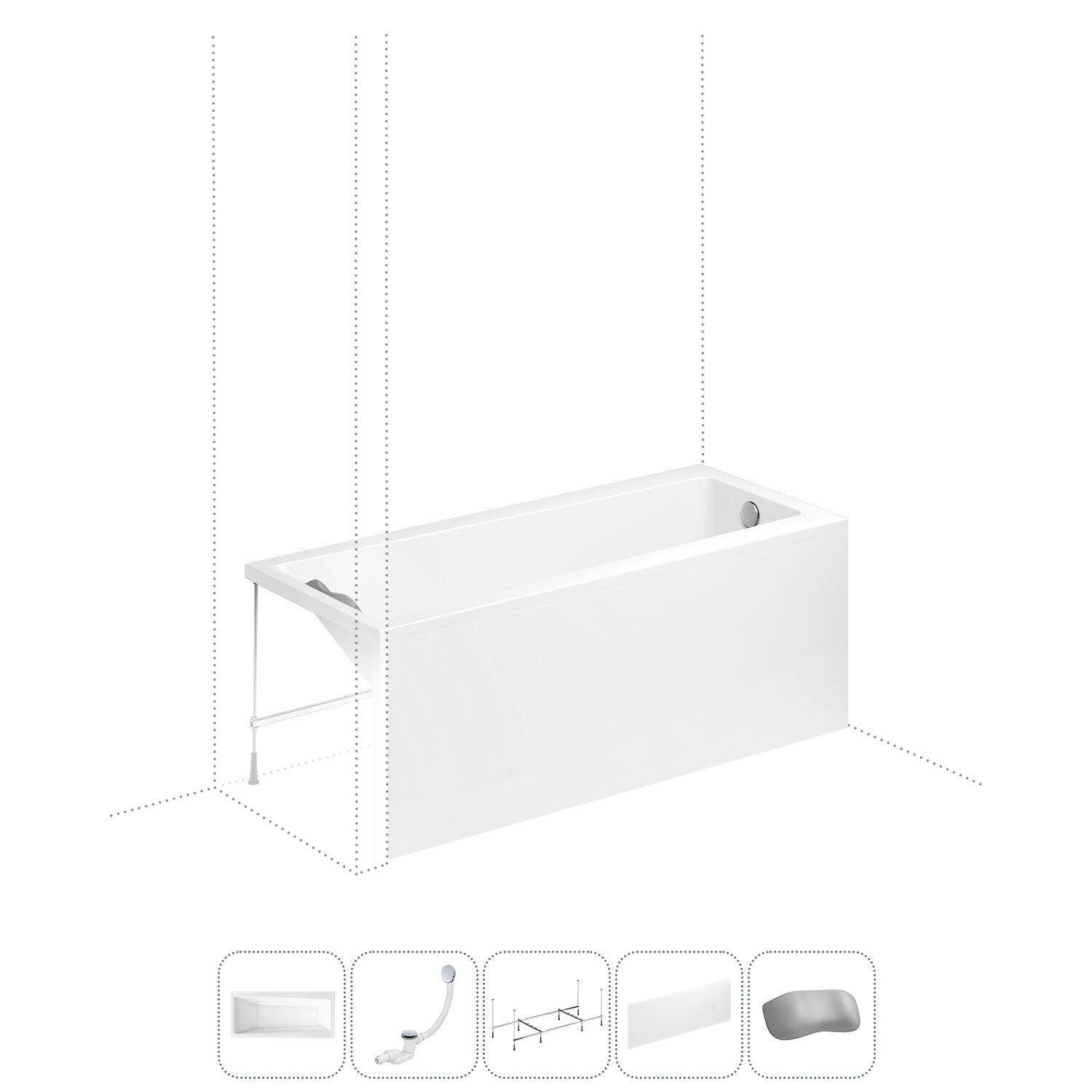 Акриловая ванна 160x75 с каркасом и экраном Lavinia Boho Rock 202011631 в наборе 5 в 1: прямоугольная ванна 160 x 75 см, слив-перелив, каркас, экран, подголовник