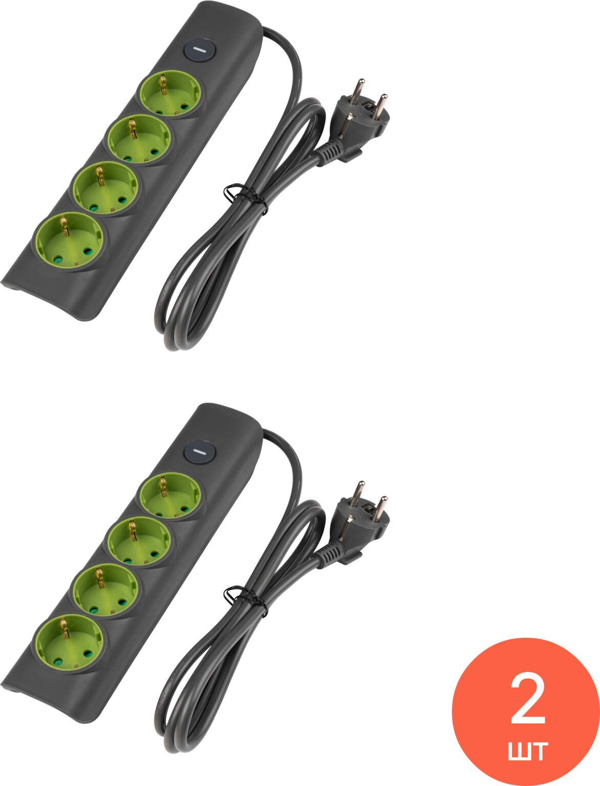 Удлинитель бытовой Jazzway / Джазвэй ET-04-140G ПВС 3х1 с выключателем и заземлением, 16А 4кВт, 1.4 метра 4 розетки серый-зеленый, 5051850 (комплект из 2 шт)