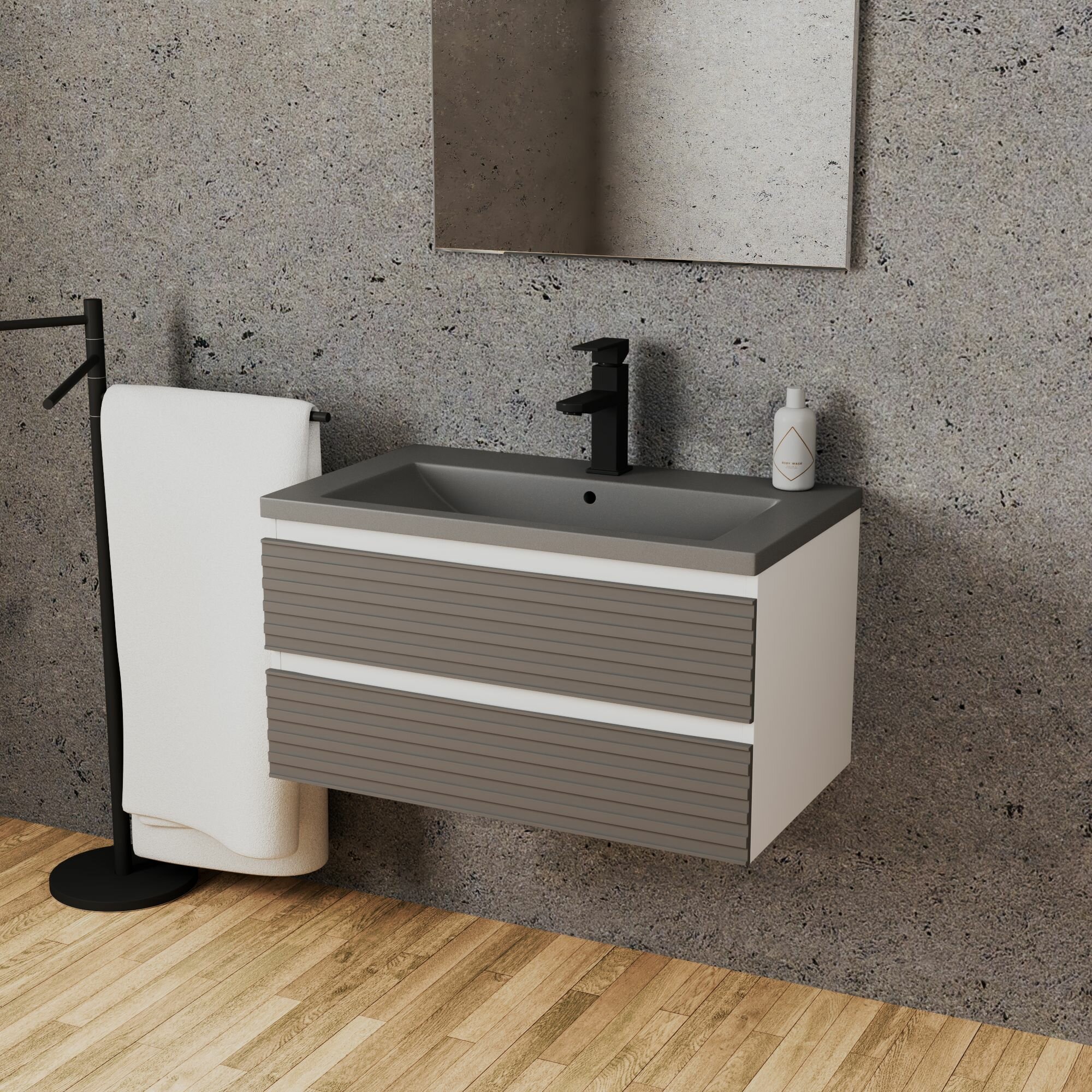 Тумба под раковину Bau Stil Loft grey brushed, раковина кварцевая BAU Stil 75, серый металлик, смеситель Hotel Black, черный