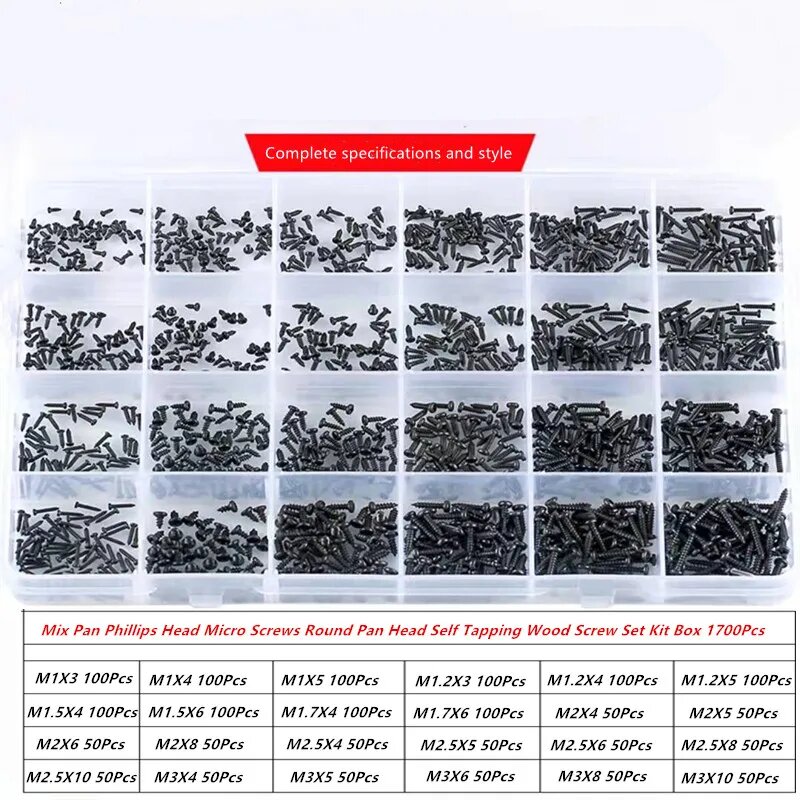 Набор саморезов WANJINGCHING из углеродистой стали M1-M3 1700Pcs M1-M3