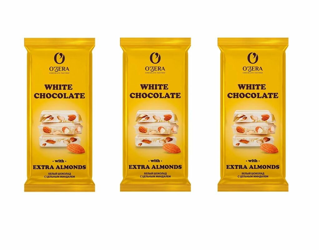 O'Zera Шоколад белый White& Extra Almond, 90 гр, 3 уп.