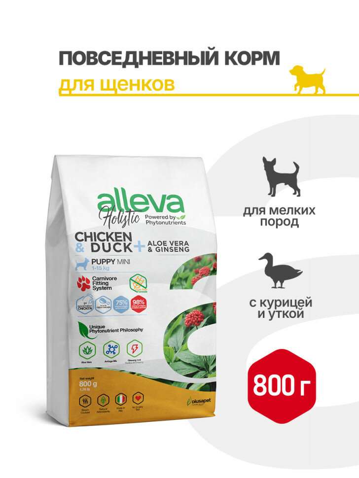 Сухой корм для щенков и юниоров Alleva Holistic Puppy/Junior Mini, с курицей и уткой, алое вера и женьшенем - 800 г