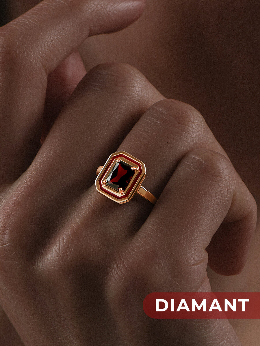 Кольцо, красное золото, 585 проба, эмаль, гранат